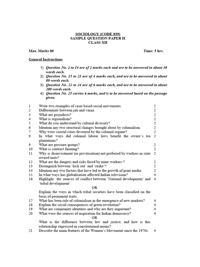 Class 12 Sociology Sample Paper 2023-24 | PDF | Caste | Prejudices