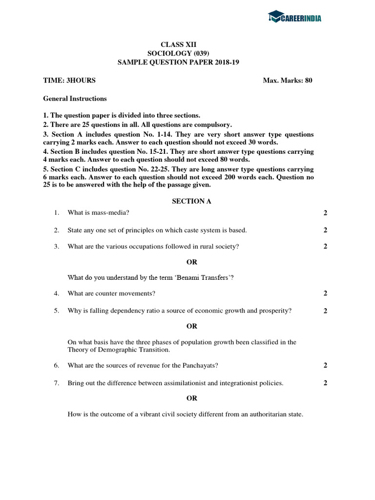 Class 12 Sociology Sample Paper 2018-19 | PDF