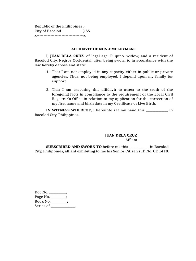 Affidavit of Non-Employment Sample | PDF