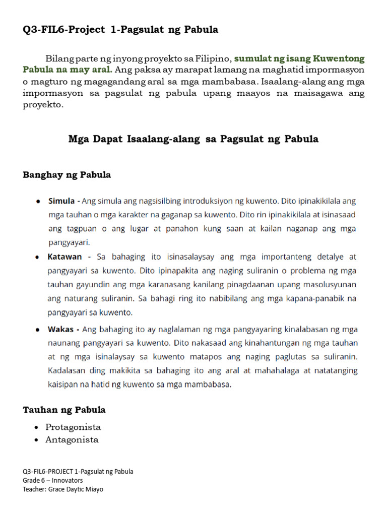 FIL6-Q3-PROJECT 1-Pagsulat NG Pabula | PDF