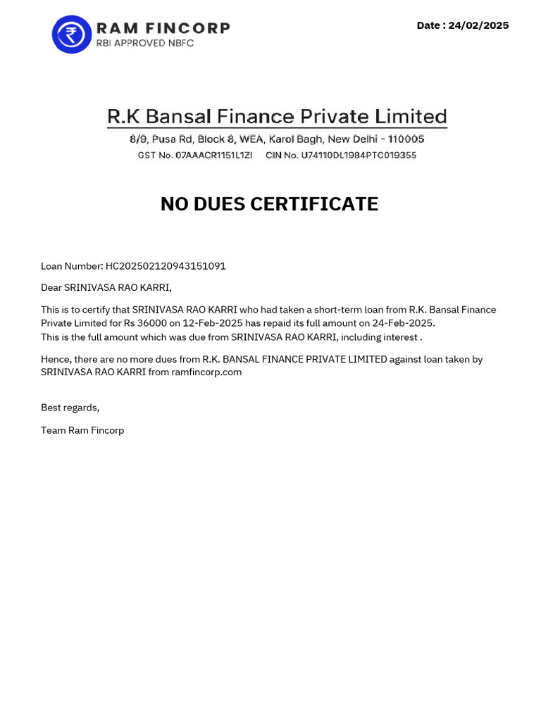 Loan Clearance Certificate for SRINIVASA RAO KARRI | PDF