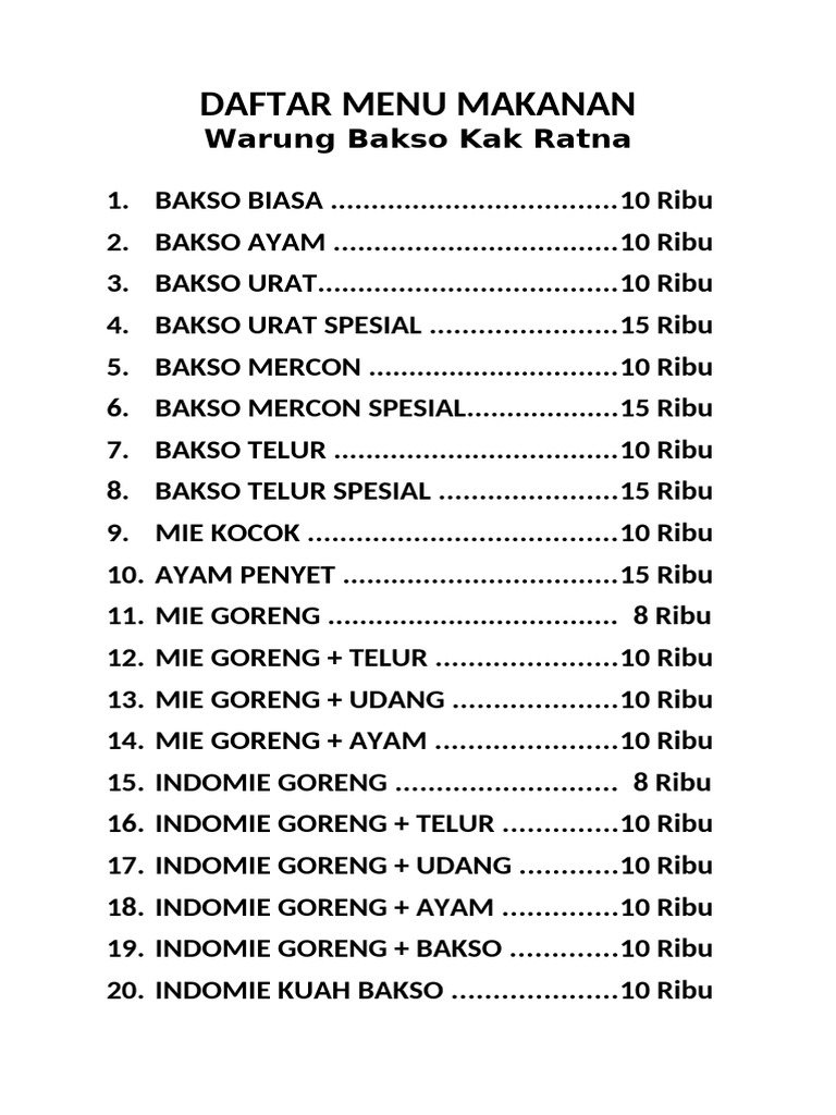 DAFTAR MENU MAKANAN Bakso Kak Ratna | PDF