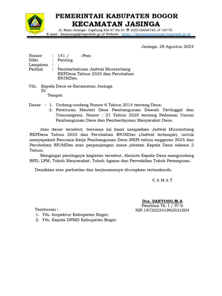 Surat Jadwal Musrenbang RKPDesa Tahun 2025 Terbaru | PDF