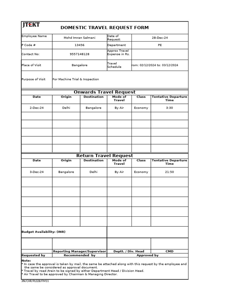 Domestic Travel Request Form | PDF