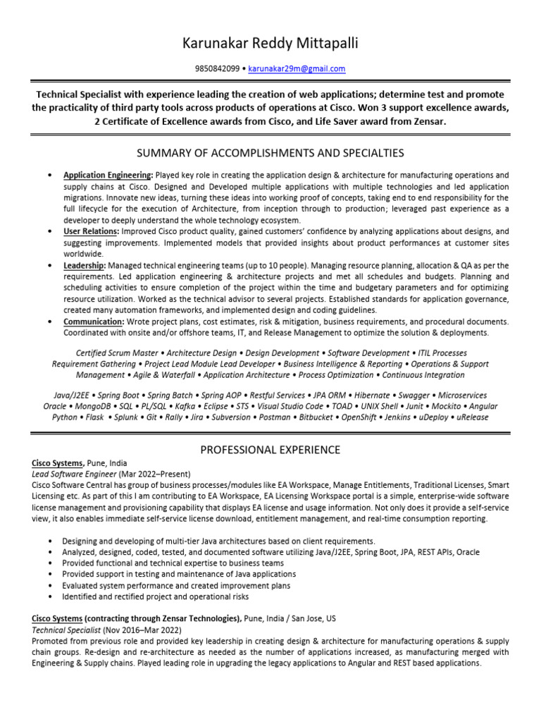 Karunakar Mittapalli 3051808 202309200211 Resume | PDF | Java (Programming Language) | Software ...