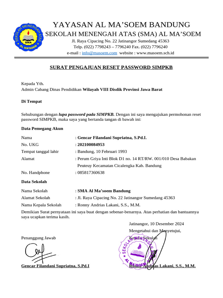 Surat Reset Password SIMPKB | PDF