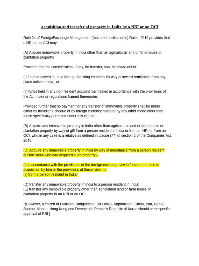 Acquisition and Transfer of Property in India by A NRI or An OCI | PDF ...