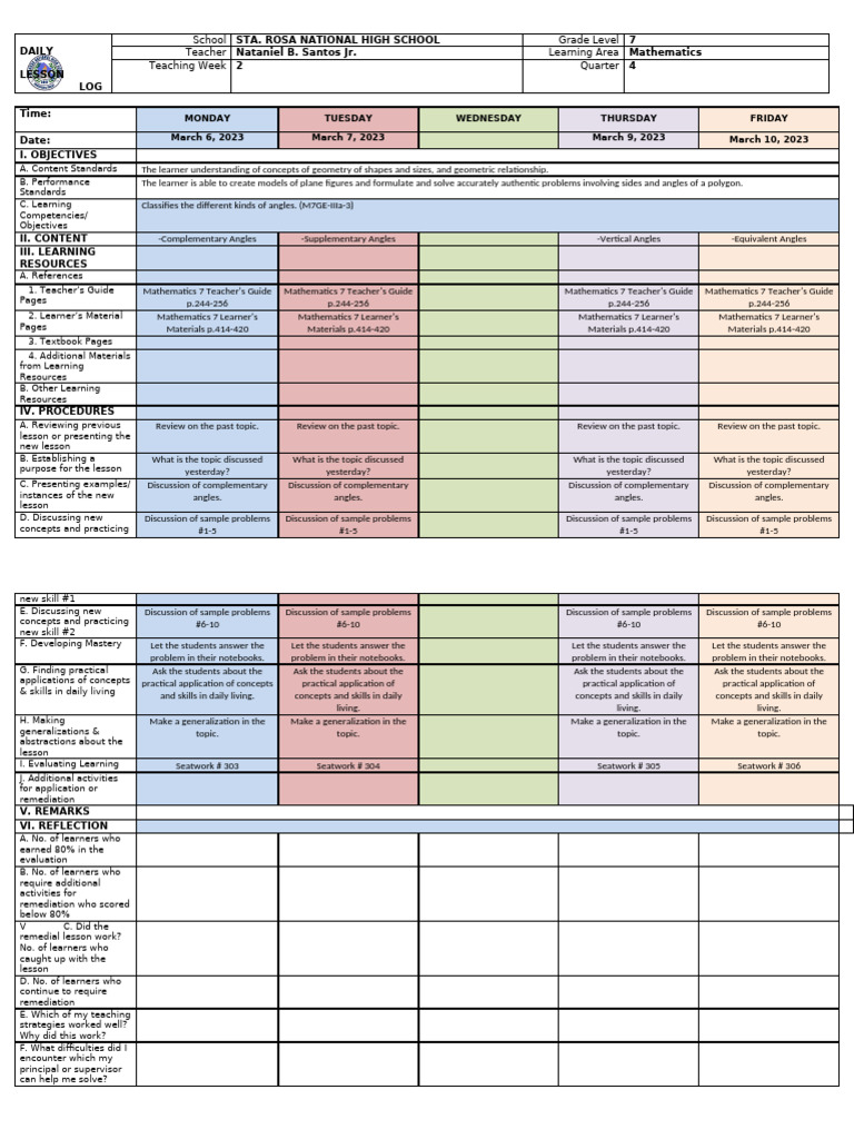 JHS Daily Lesson Log SY 2022 2023 Math7 3rdweek4 | PDF | Mathematics ...