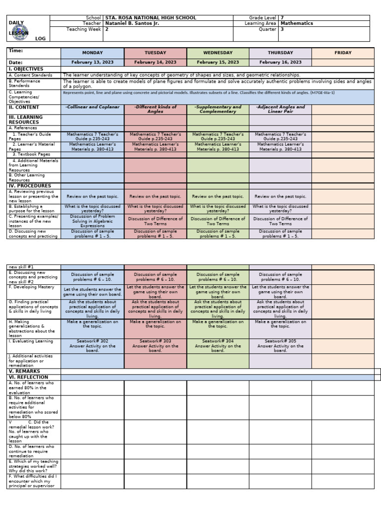JHS Daily Lesson Log SY 2022 2023 Math7 3rdweek2 | PDF | Mathematics ...