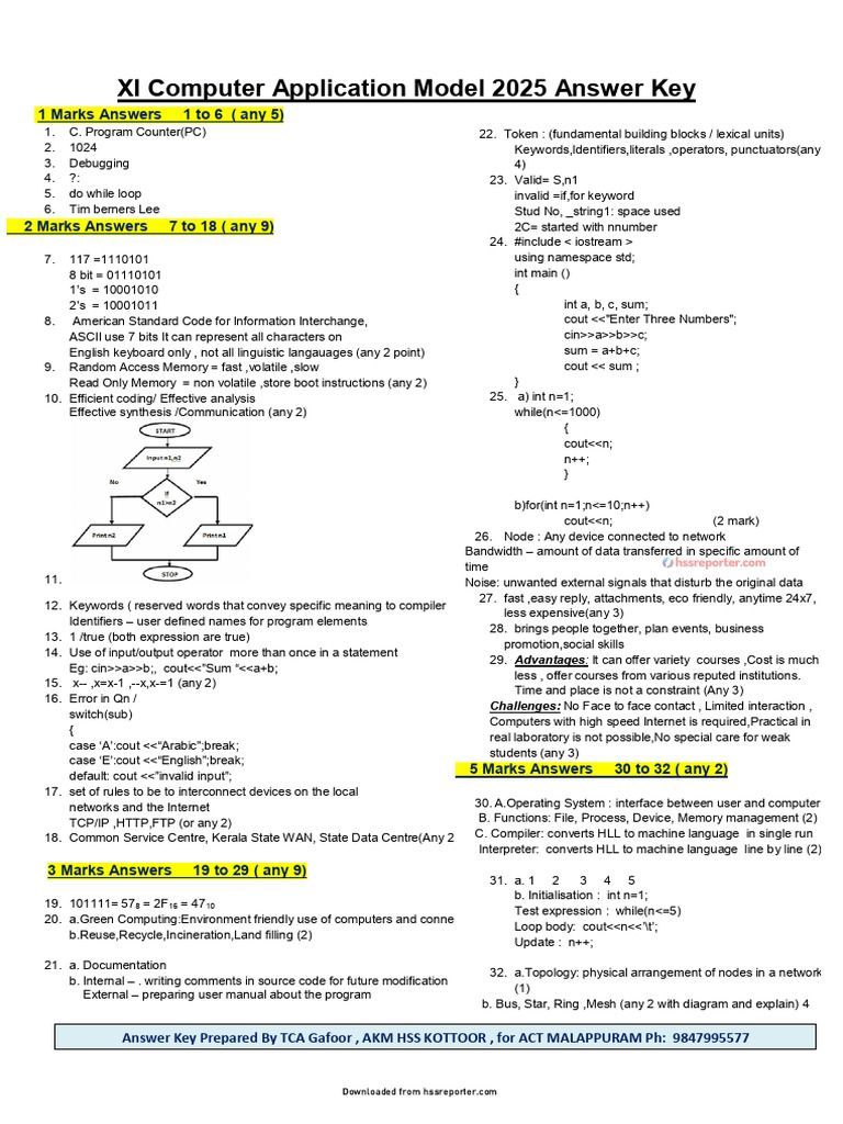 Xi Comp Application Answer Key Model Exam 2025 Com Pdf Computer Engineering Computer Science