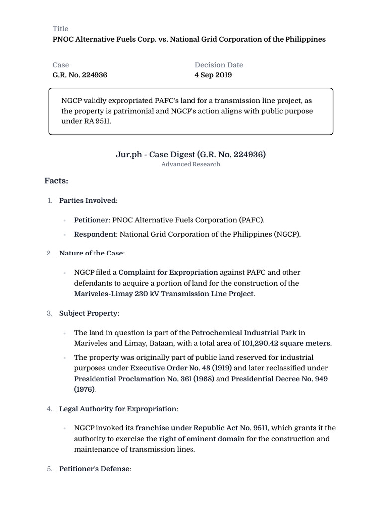 Case Digest: G.R. No. 224936 - PNOC Alternative Fuels Corp. vs. National Grid Co | PDF | Eminent ...