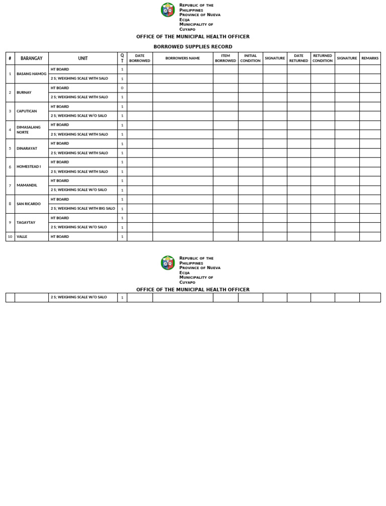 Cuyapo Borrowed Supplies Record | PDF
