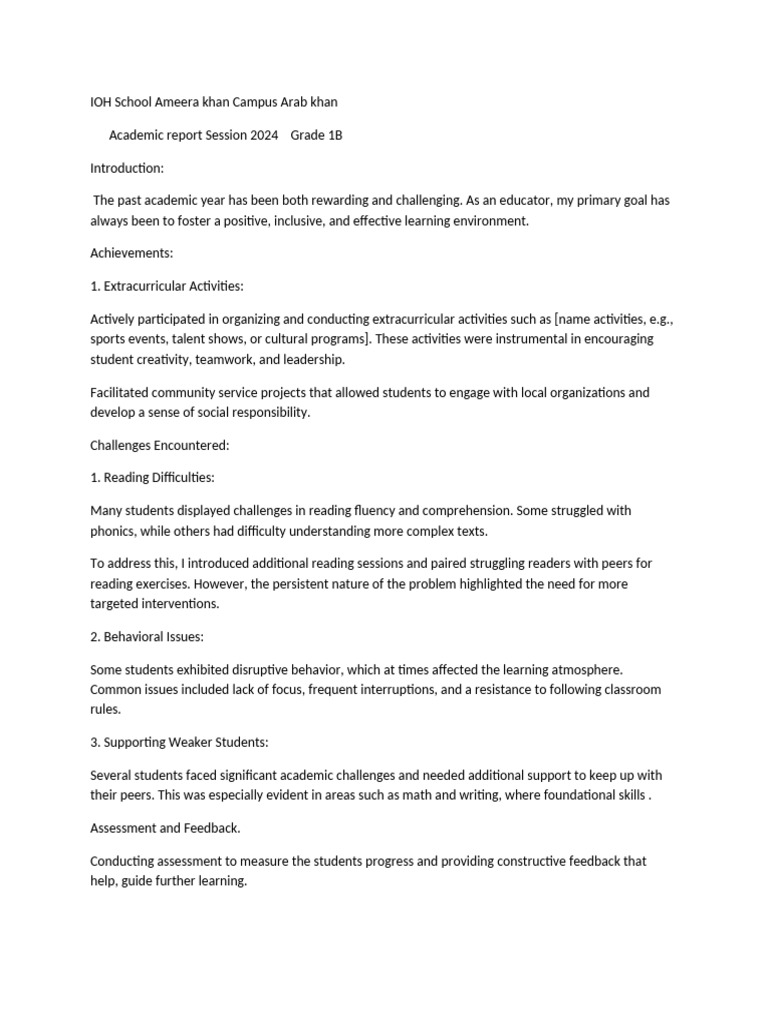 Grade 1B Academic Report 2024 | PDF