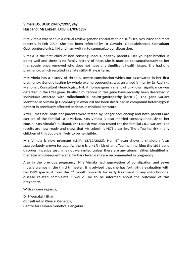 Genetic Consultation Summary for Vimala DS | PDF