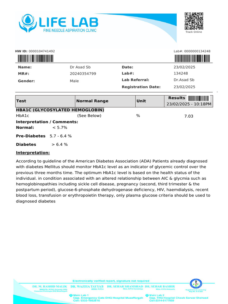 HbA1c Results for Dr. Asad Sb | PDF