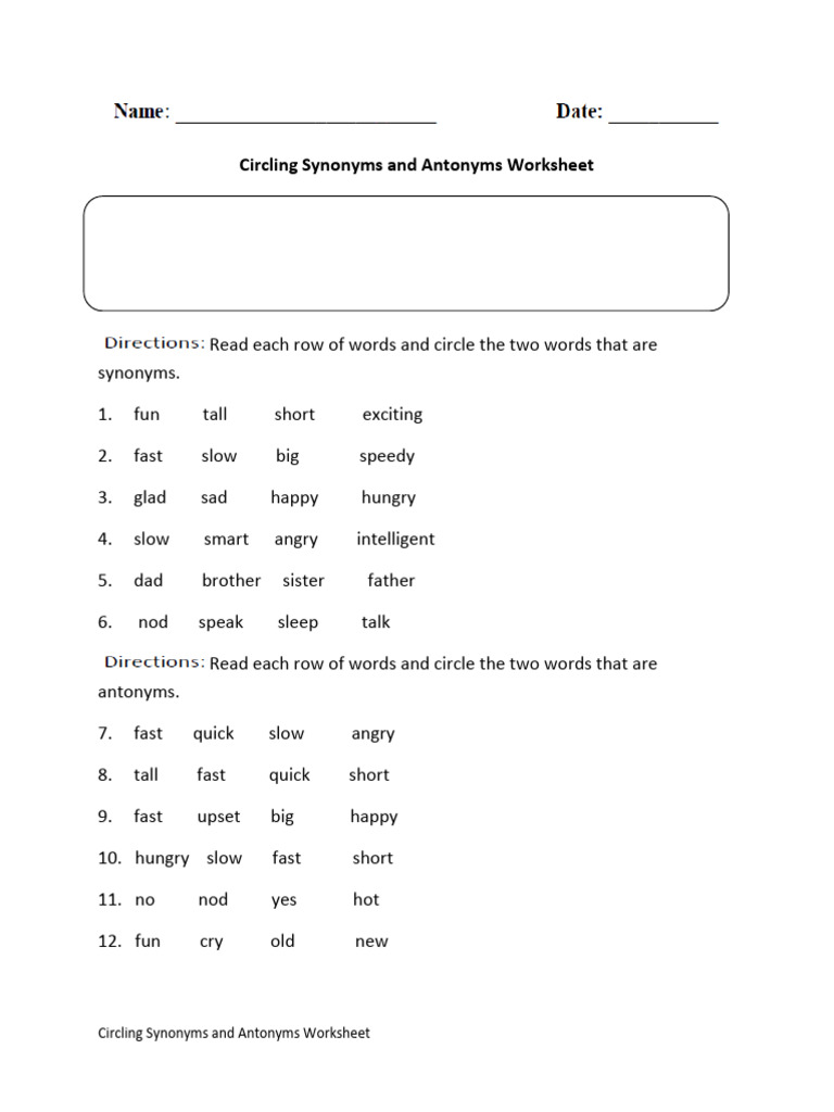 Synonyms and Antonyms Worksheet | PDF