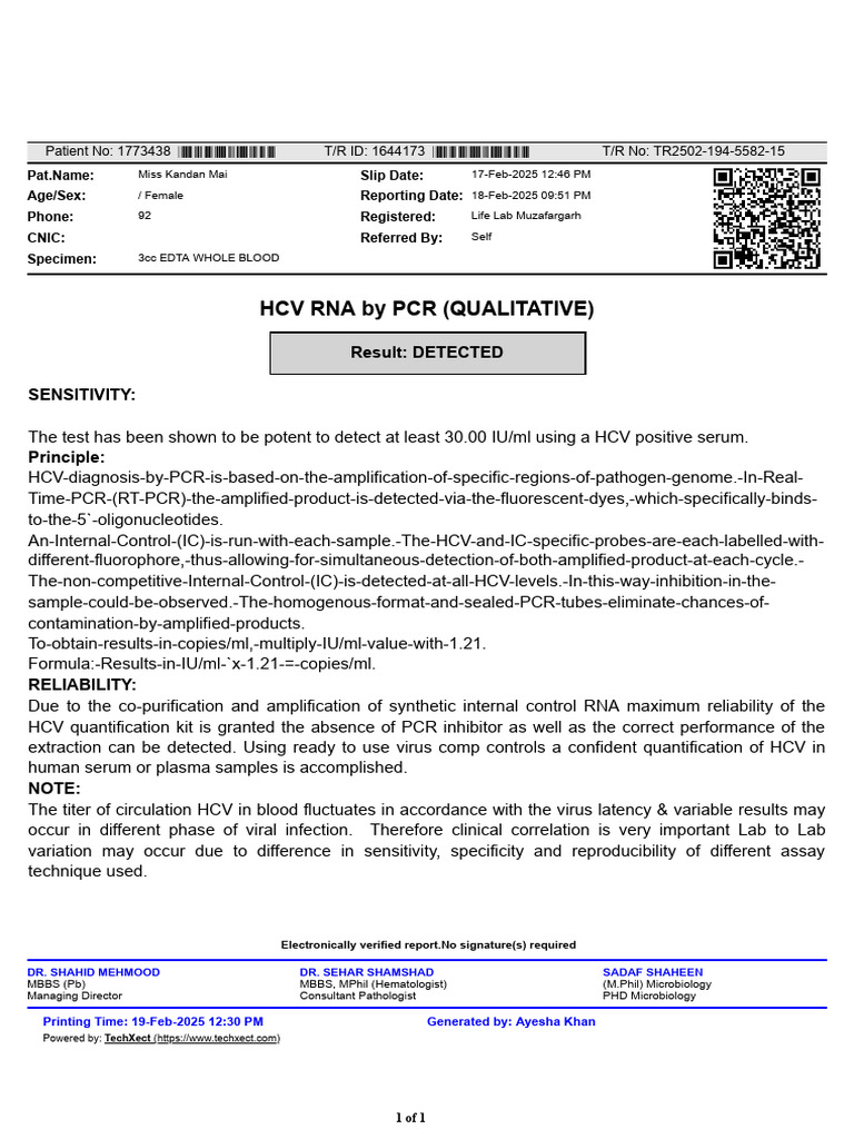 HCV RNA PCR Test Results Report | PDF | Hepatitis C Virus | Reverse ...