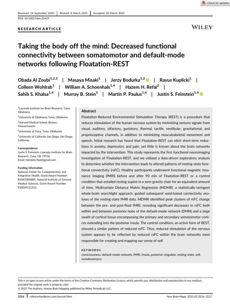 Taking The Body Off The Mind - 2021 Float-fMRI - Updated | PDF ...