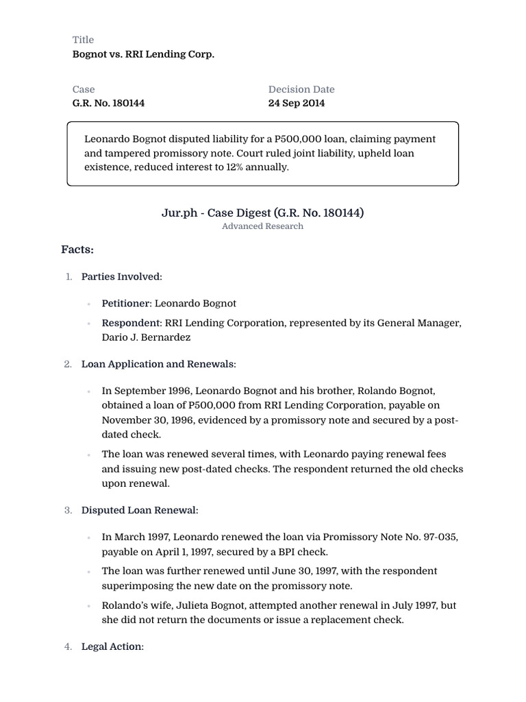 Case Digest: G.R. No. 180144 - Bognot vs. RRI Lending Corp. | PDF ...