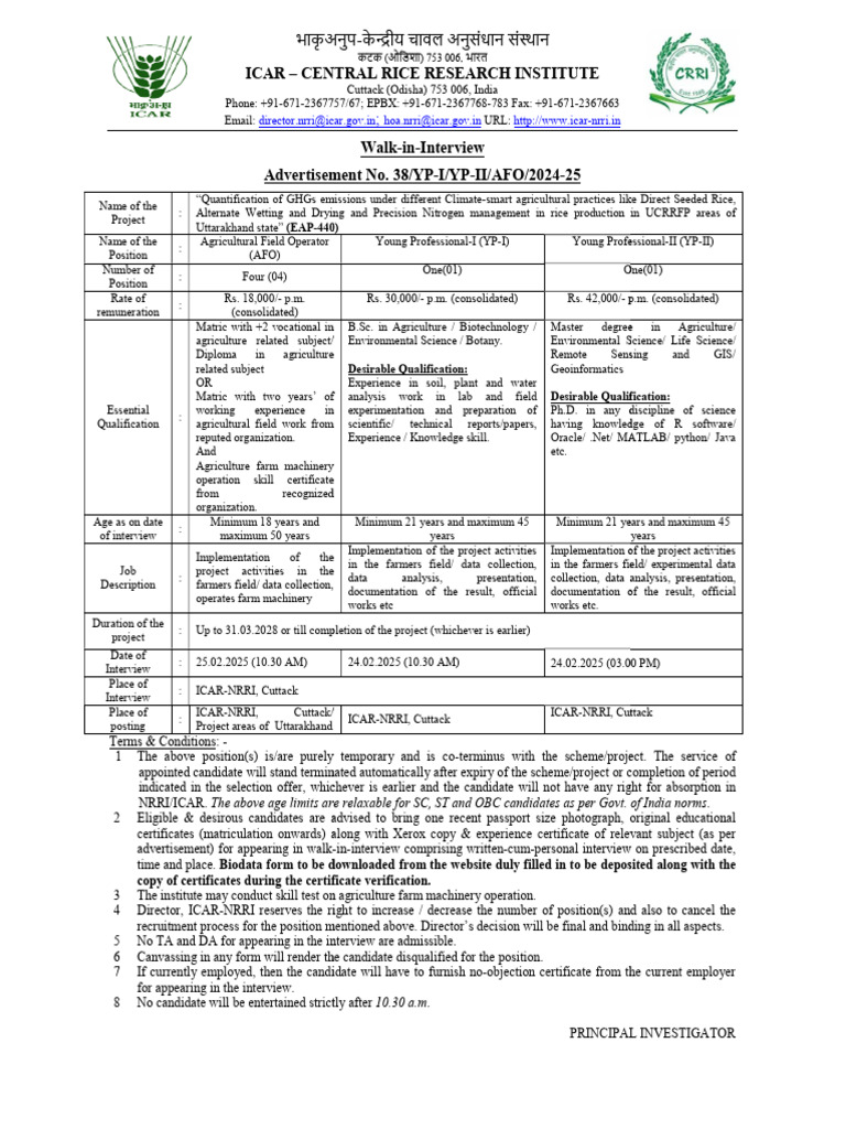 ICAR-NRRI Agricultural Field Operator Recruitment | PDF