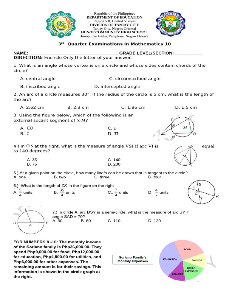 Math 10 3rd Quarter Exam Questions | PDF | Circle | Angle