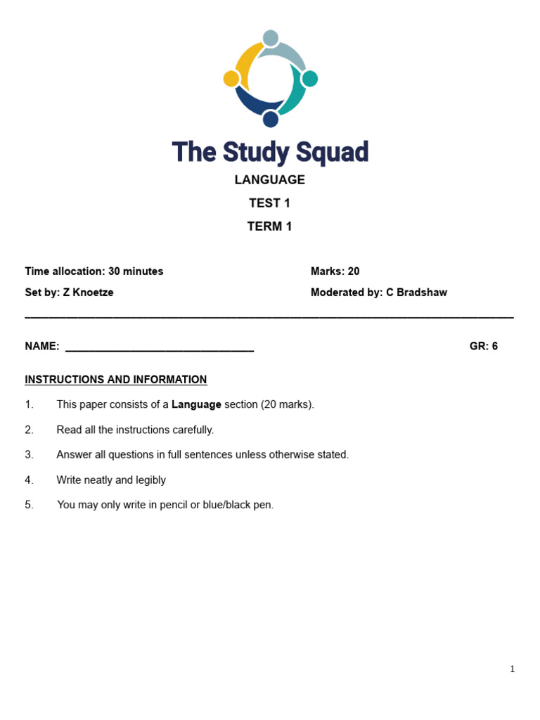 Gr6 2025 Term 1 Language test.docx (1) | PDF | Sentence (Linguistics ...