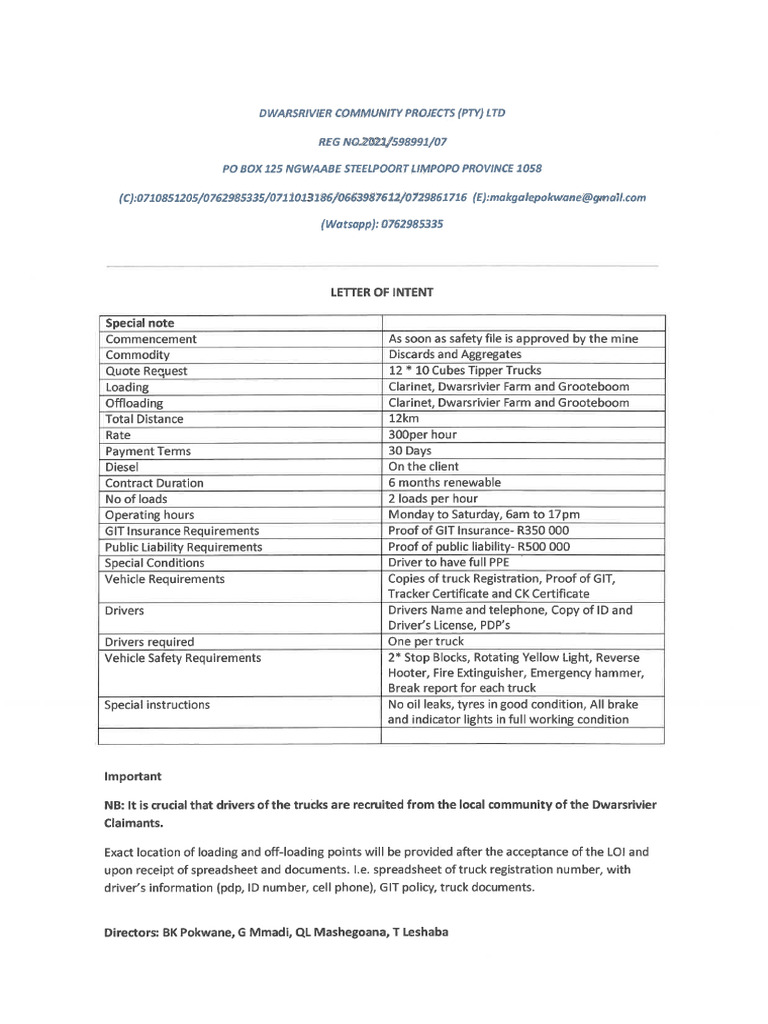 Dwarsrivier Community Projects - signed LOI | PDF