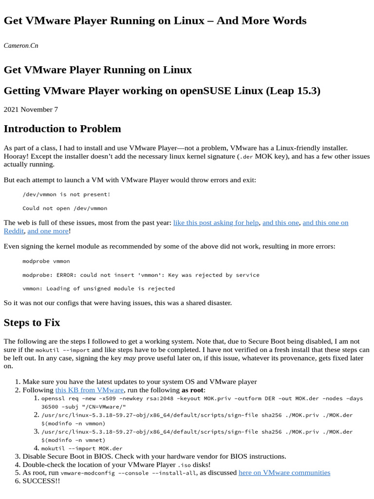 Get VMware Player Running on Linux – and More Words (Another Copy) | PDF