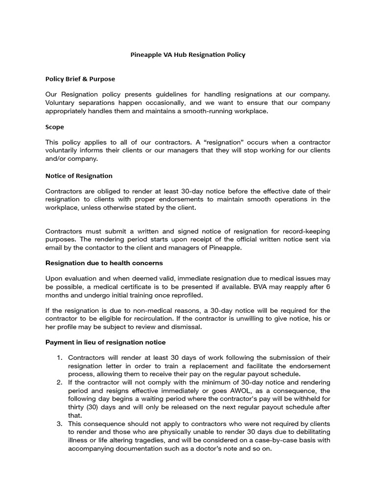 Pineapple BVA Resignation Policy - Code of Conduct | PDF
