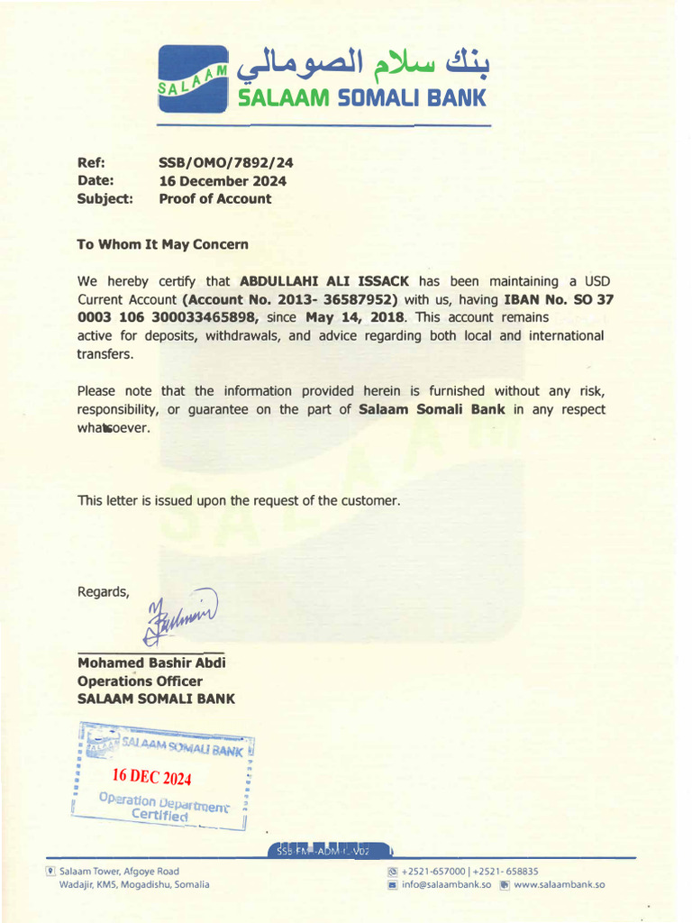 Bank Certification Letter for Abdullahi Ali Issack | PDF