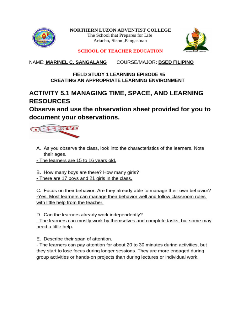 FS1 Observation Sheet 5 | PDF | Classroom Management | Disciplines