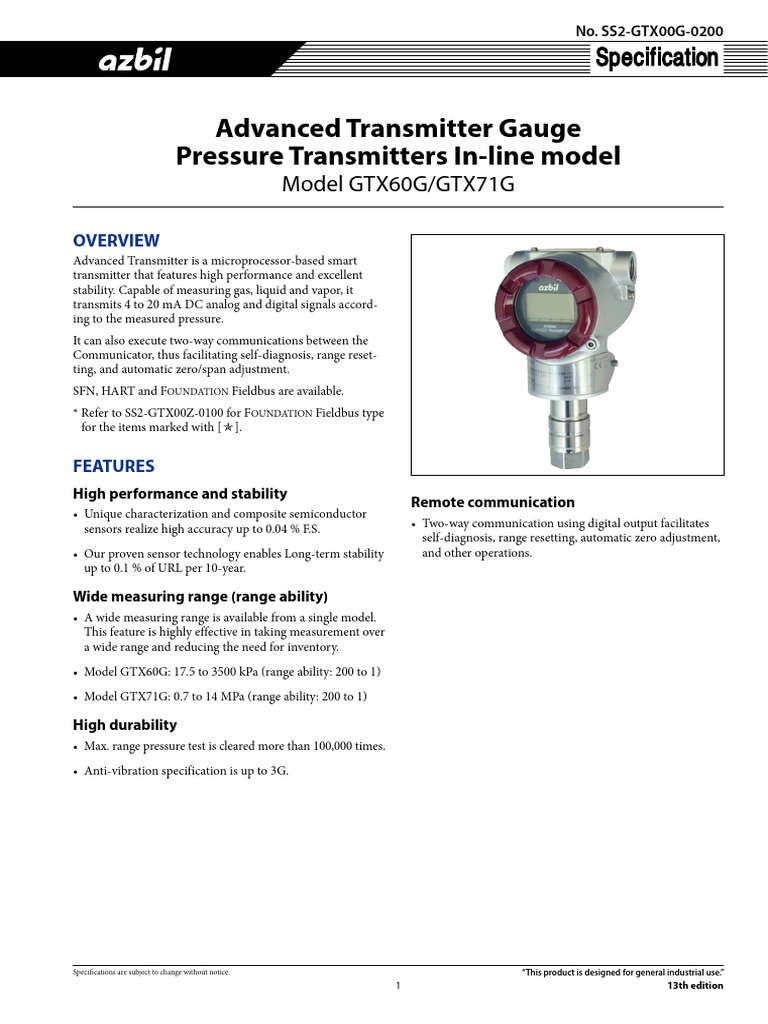 Advanced Pressure Transmitter GTX60G/GTX71G | PDF | Electronics ...