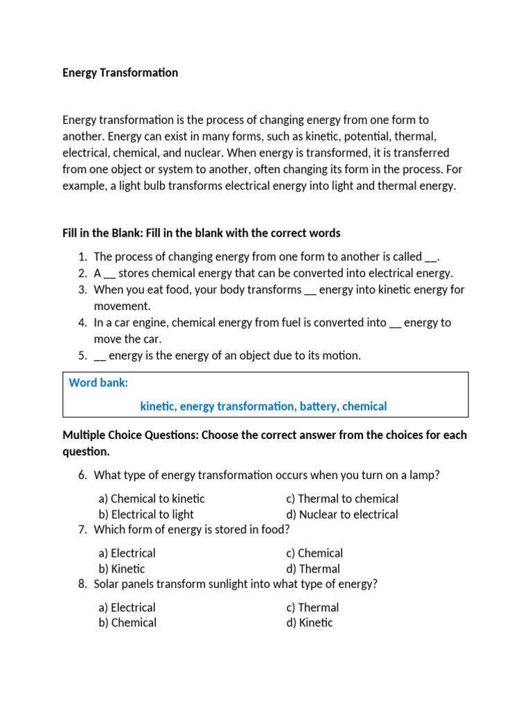 Energy Transformation Quiz | PDF | Kinetic Energy | Energy Conversion