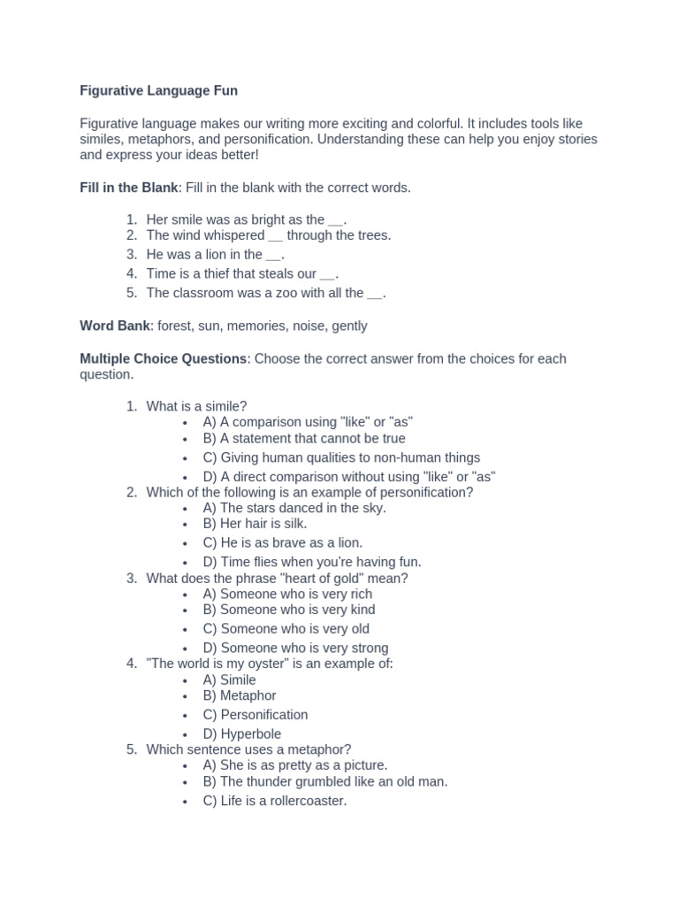 Figurative Language Fun-Quiz | PDF | Metaphor | Linguistics