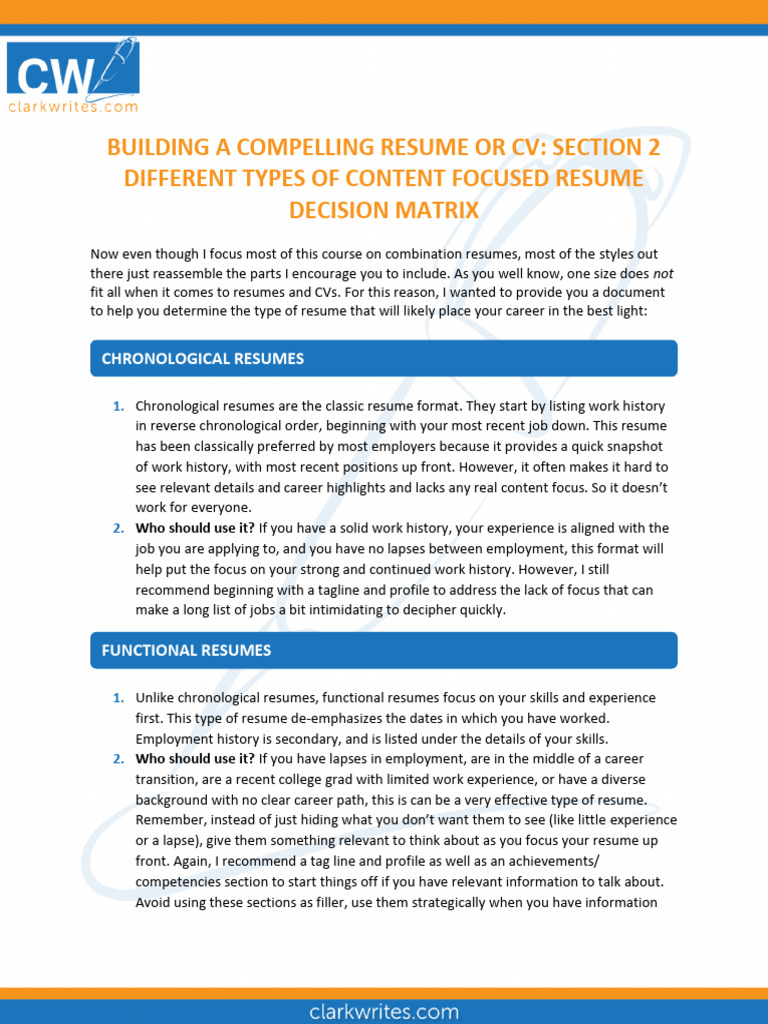 Different Types of Content Focused Resume Decision Matrix | PDF | Résumé