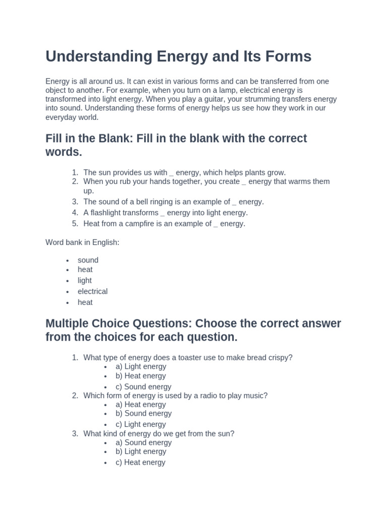 Understanding Energy and Its Forms4 - Activity | PDF | Light