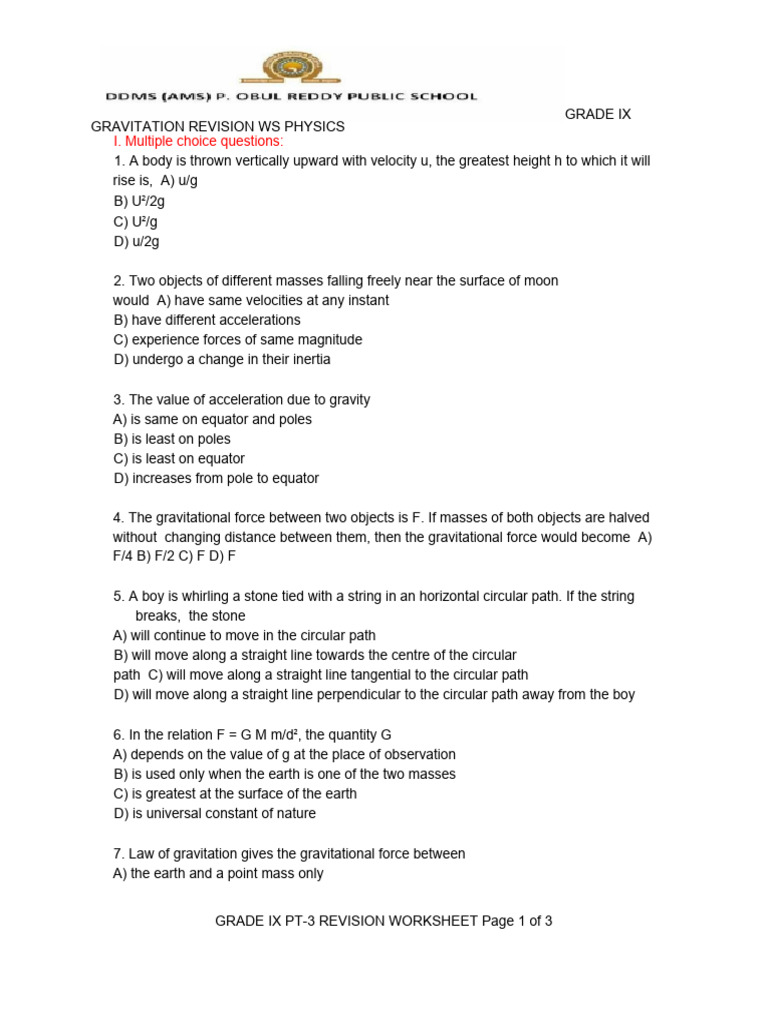 Grade Ix Phy PT-3 Revision WS | PDF | Force | Weight