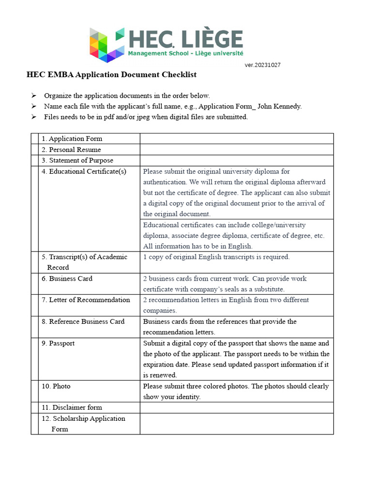HEC EMBA Application Document List-2024 | PDF