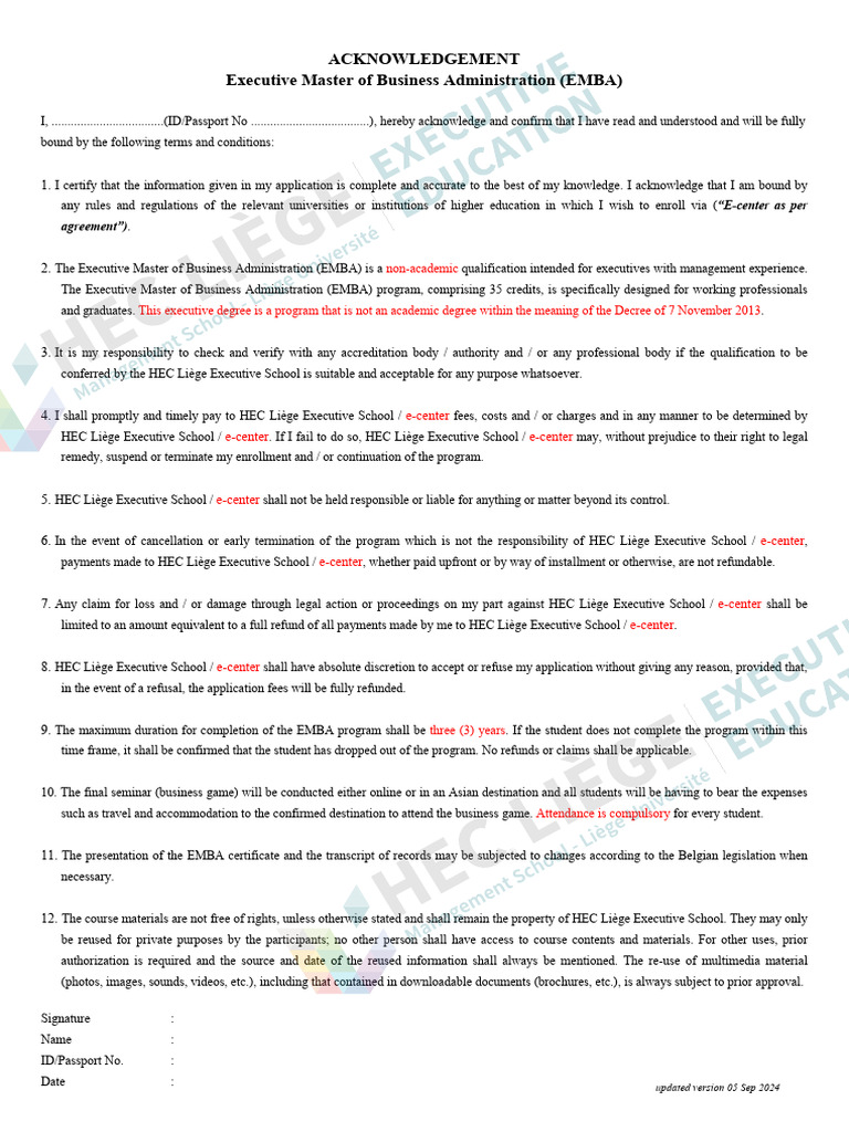 Acknowledgement EMBA | PDF | Master Of Business Administration | Justice