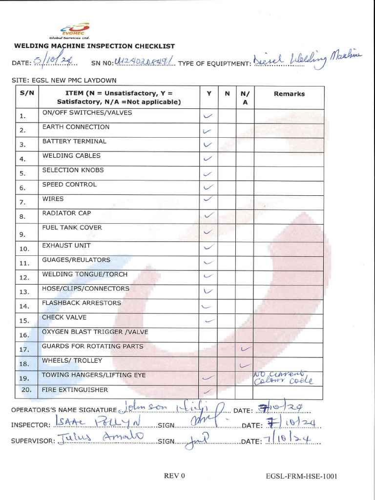 Diesel Welding Machine Inspection | PDF