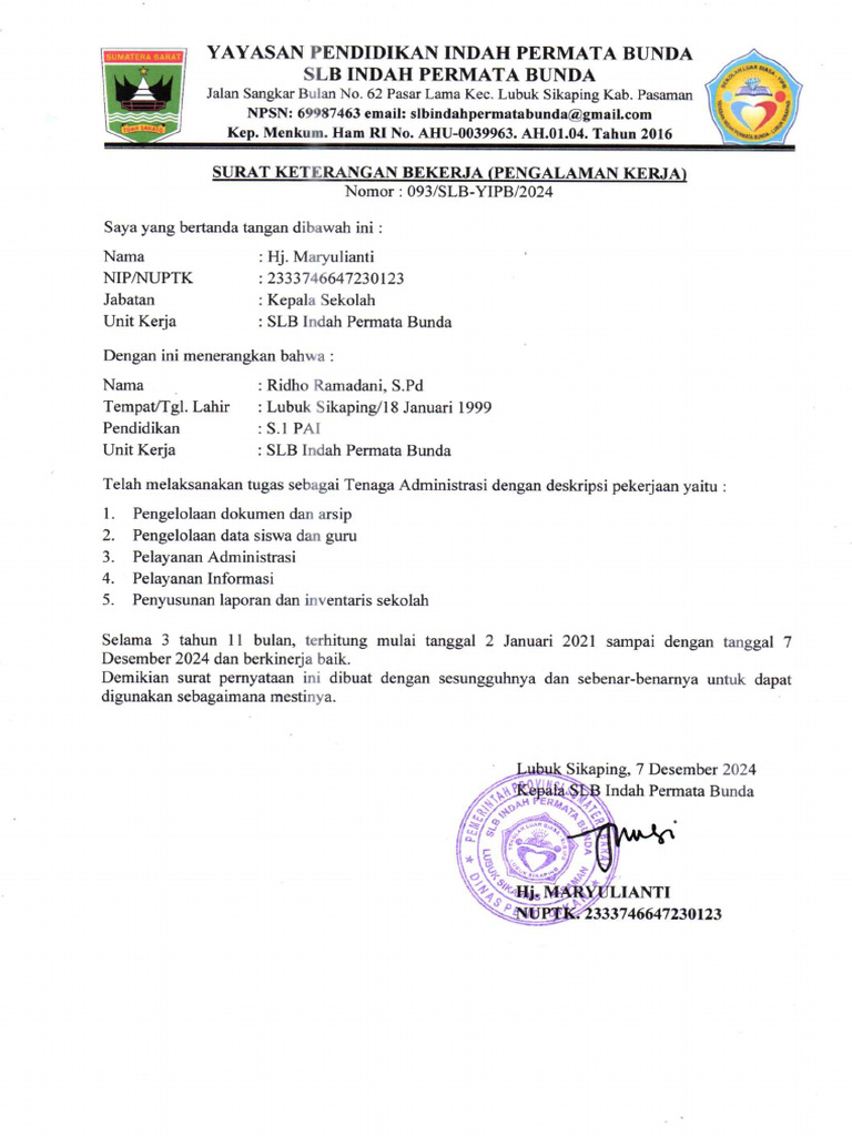 Surat Pengalaman Bekerja Ridho | PDF
