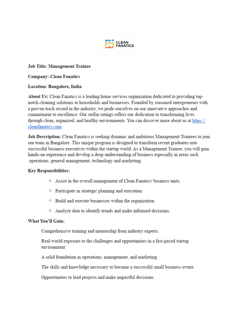 Management Trainee Opportunity at Clean Fanatics | PDF ...