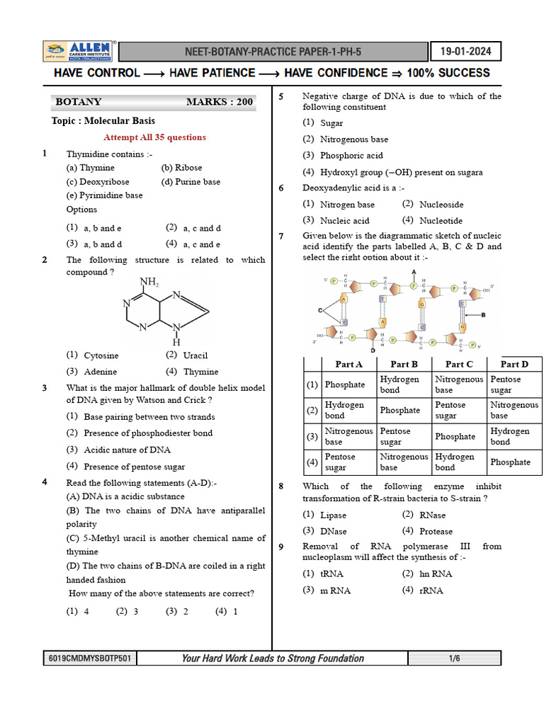 NEET-Leader-Practice Test-1 - Botany - 20-01-24 - PH-5 | PDF | Dna | Rna