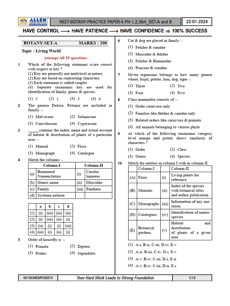 NEET Leader Practice Test 4 Botany 20-1-24 SET A & B PH 1,2,3&4 | PDF ...
