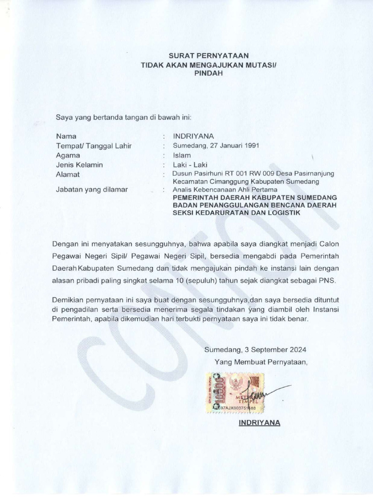 SURAT TIDAK AKAN PINDAH MUTASI_compressed | PDF