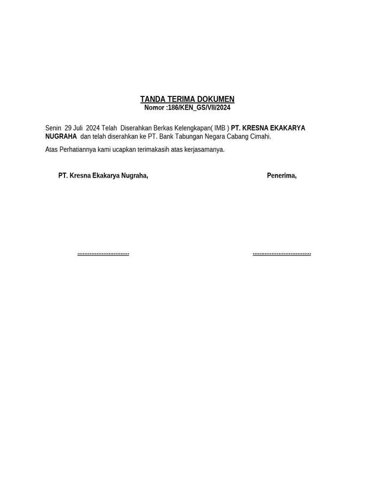 Tanda Terima Berkas IMB Kresna Ekakarya | PDF