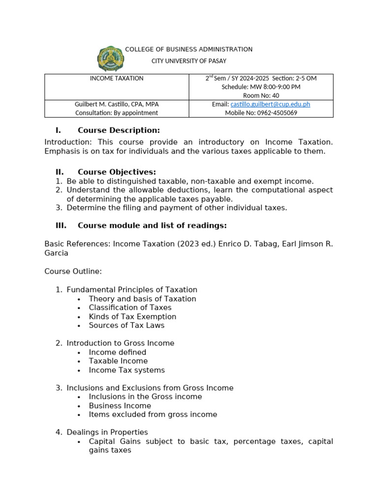 Income Taxation Principles Overview | PDF | Taxes | Tax Deduction