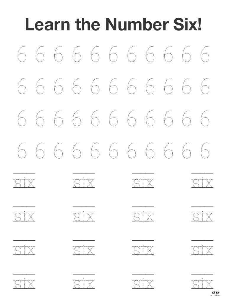 Printable Number Six Tracing Worksheet Page 2 | PDF