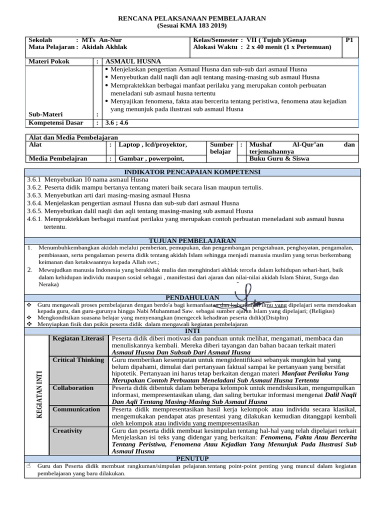 RPP Akidah Akhlak Kelas 7 Sem 2 | PDF
