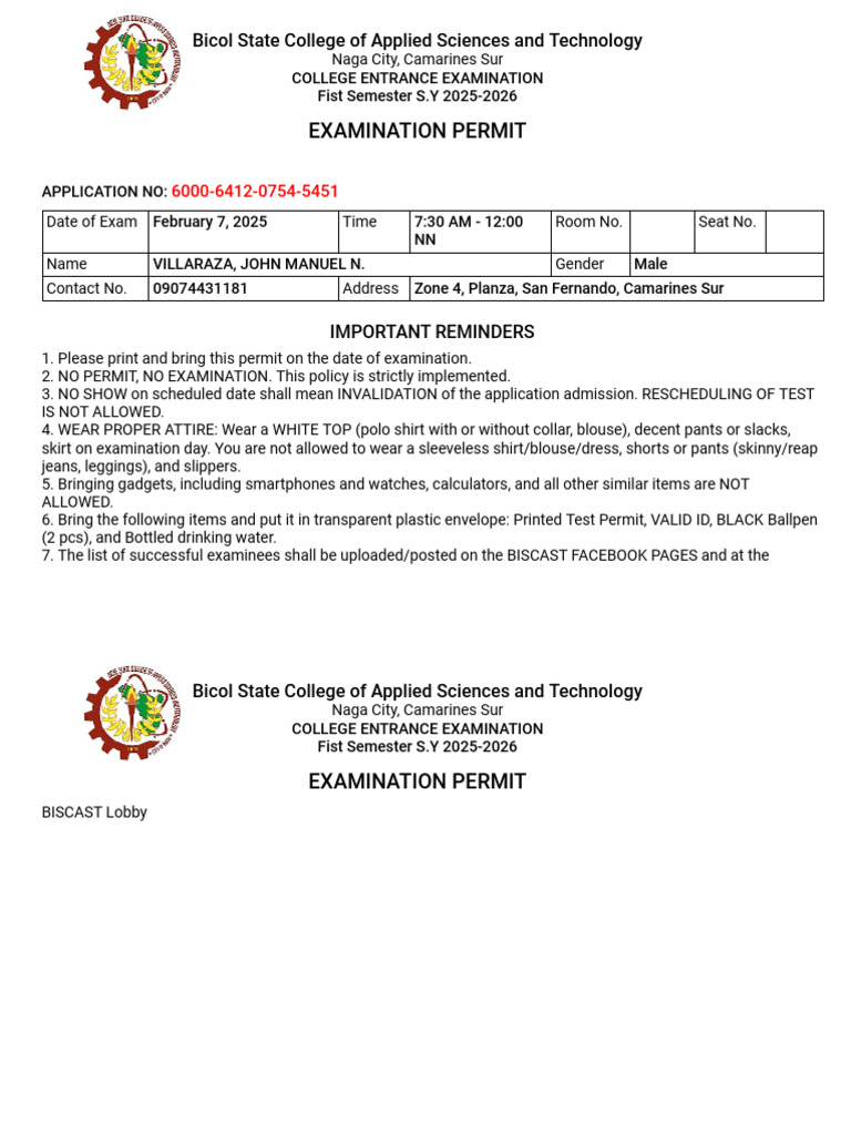 Examination Permit: Bicol State College of Applied Sciences and ...